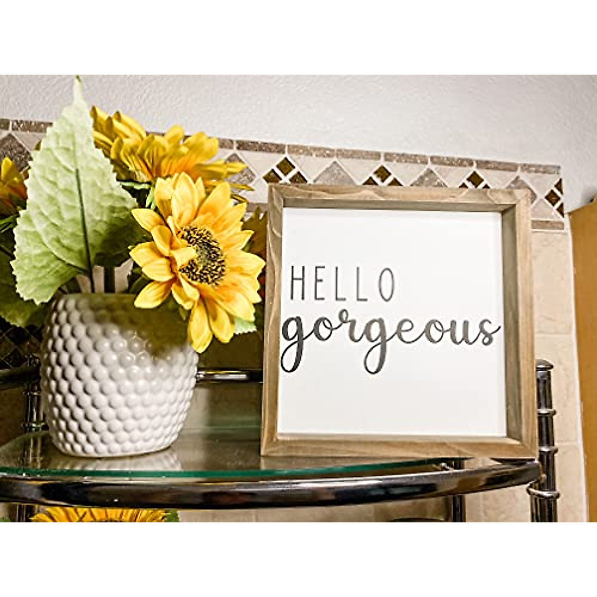 Nana's Little Angels White Hello Gorgeous Wall Decor with Real Wood Frame, 10” x 10” Art, Cute Farmhouse and Boho Home Decorations, Inspirational Quote for Living Room, Bedroom, or Bathroom