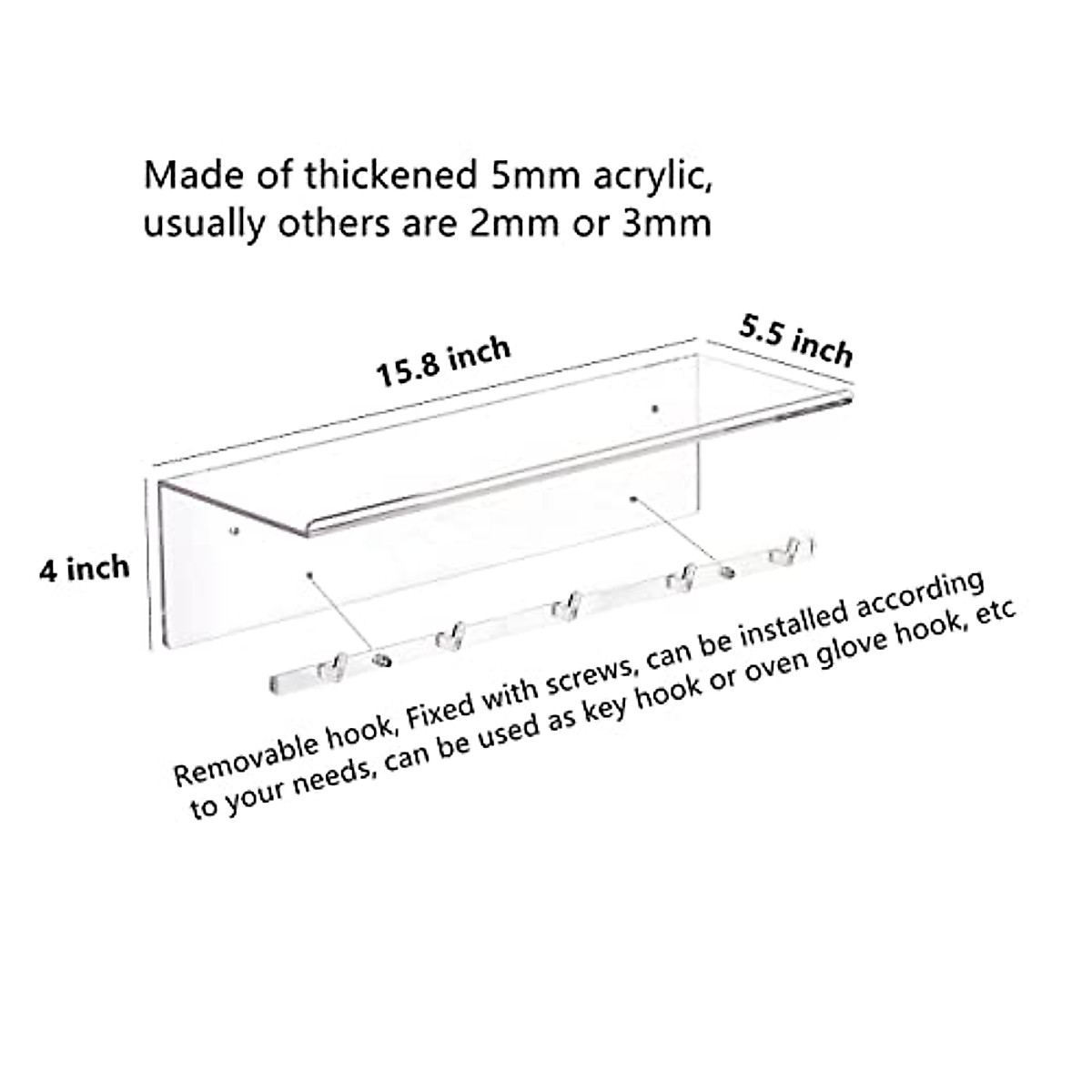 LikeU 4 PCS Clear Acrylic Floating Shelves Display Ledge,5 MM Thick Wall Mounted Storage Shelf with Detachable Hooks for Entryway/Living Room/Kitchen or Office 15.8 Inch Damage Free Bathroom Shelves