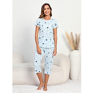 PNAEONG Women’s Pajama Set - Cotton-Blend Short-Sleeve Loose Top with Matching Capri Bottoms SY215-Blue Star-M