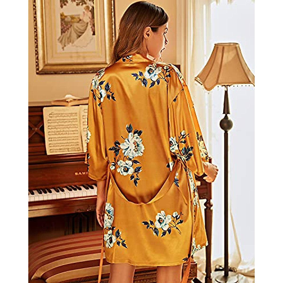 Shymay Women's Satin Pajamas Set Floral Robe and Night Dress 2Pcs Sleepwear Nightgown Set (Yellow, Small)