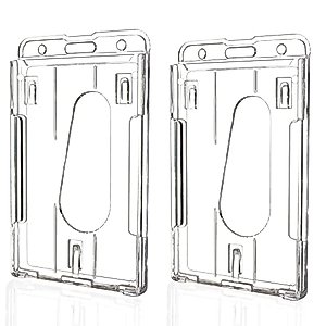 Teskyer Hard Plastic Badge Holder, Clear ID Badge Name Card Holder with Easy Access Thumb Slot, Holding 2 Cards, Vertical Style, 2 Pack