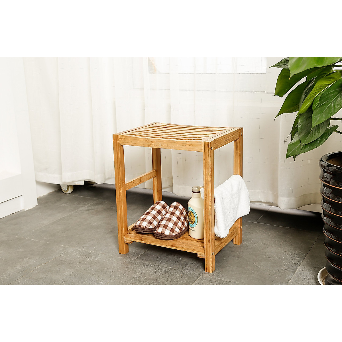 New Ridge Home Goods NewRidge Home Natural Bamboo Shower Seat, Shaving Stool, Spa Bath Bench with Storage Shelf