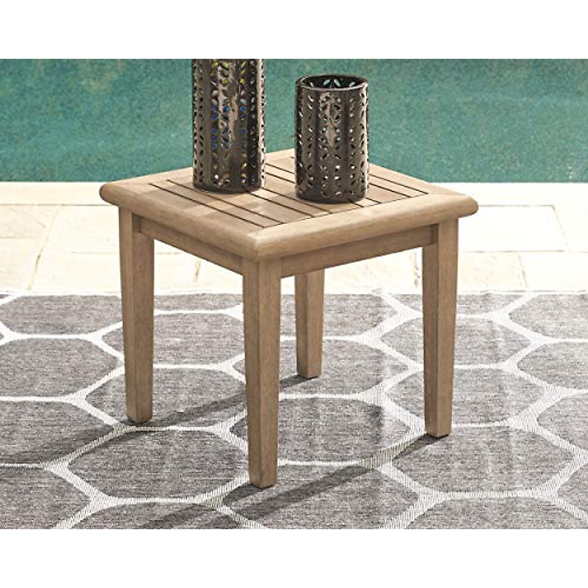 Signature Design by Ashley Clare View Coastal Outdoor Patio Eucalyptus Sofa with Cushions, Beige & Gerianne Outdoor Eucalyptus Patio End Table, Light Brown