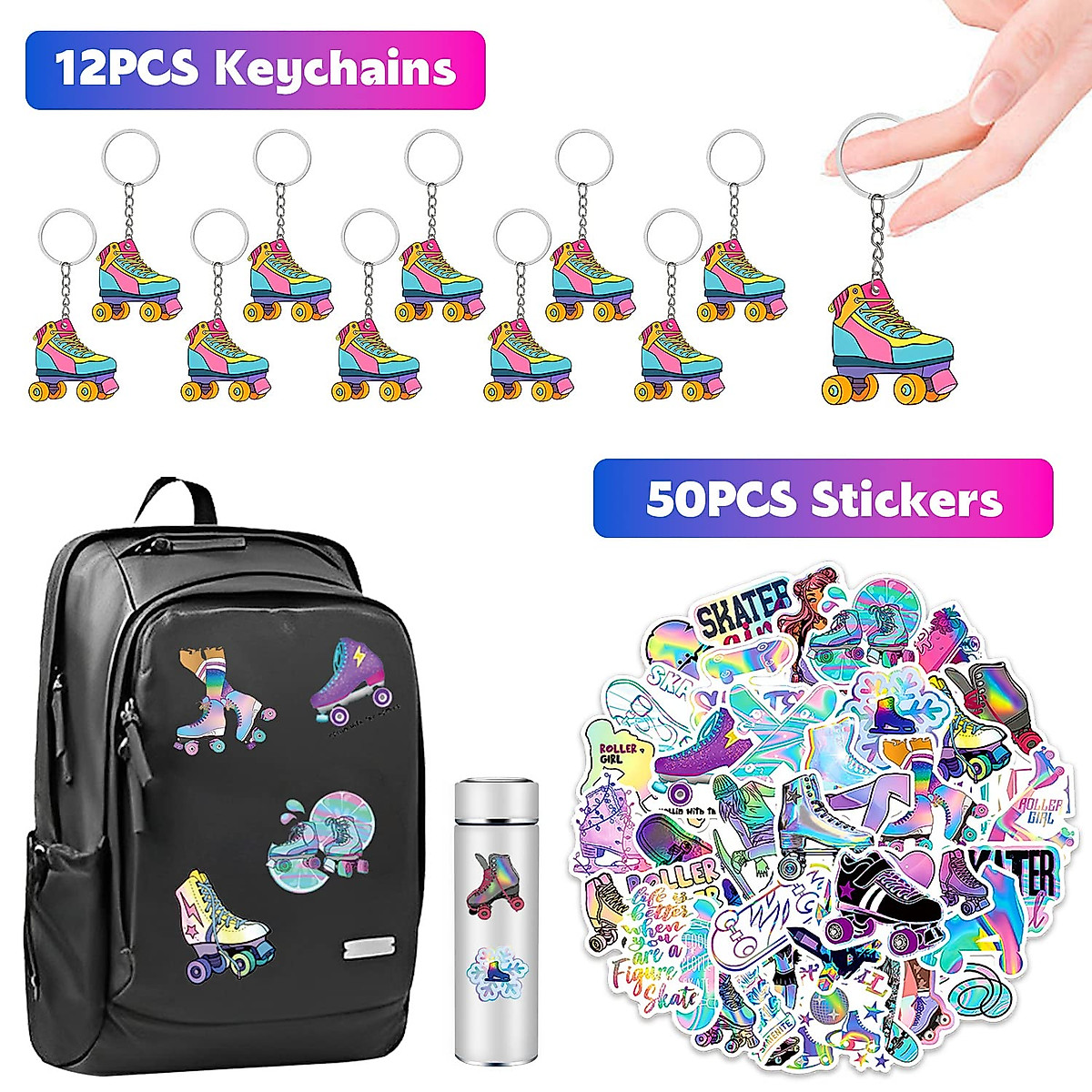 Roller Skate Party Favors 98PCS Slap Bracelets, Stickers, Key Chains, Pin Badges and Temporary Tattoos for Kids Boys Girls Throwback 80s 90s Roller Skating Hip Hop Birthday Party Supplies Decorations