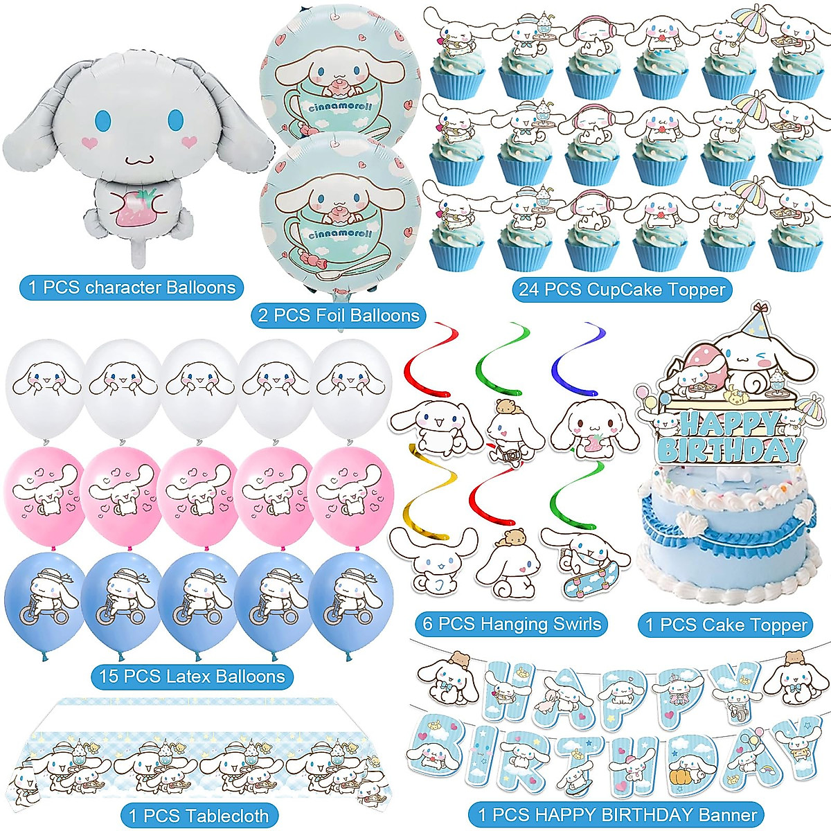 Cinnamoroll Birthday Decorations, Party Supplies Set Include Banner, Balloons, Hanging Swirls, Cake Cupcake Toppers, Tablecloth for Kids Cinnamoroll Theme Party