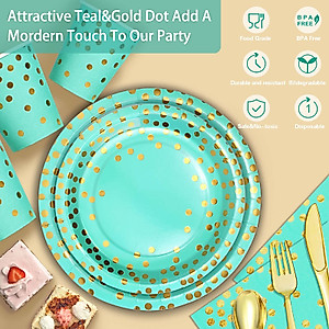 Gudvilla 168PCS Teal Party Plates and Cups and Napkins sets,Teal Paper Plates Bulk with Gold Cutlery Serve 24 Guests,Teal Party Supplies Bridal Shower Birthday for Teal and Gold Wedding Decorations