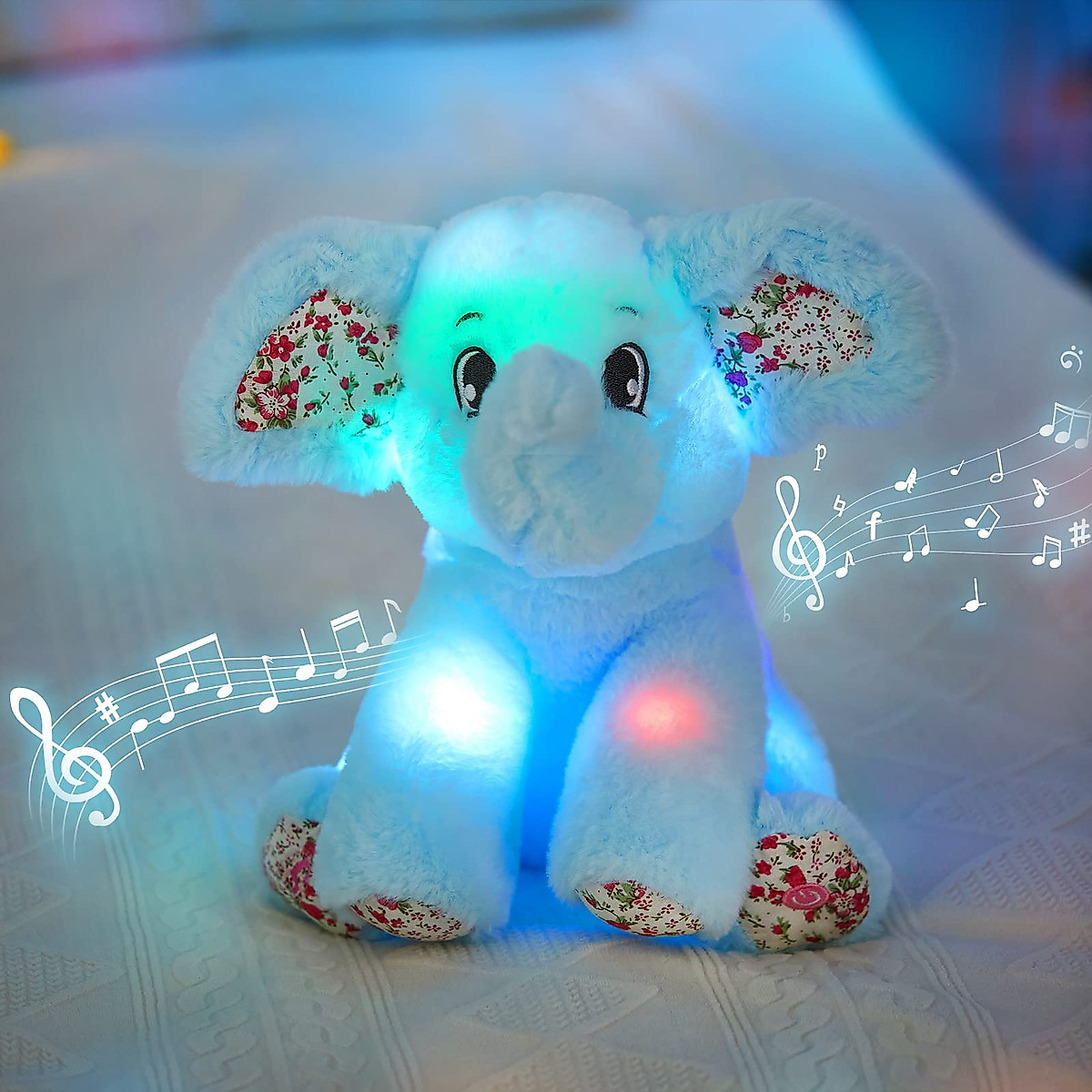BSTAOFY 12‘’ Musical Light Up Elephant Plush Toy Floppy LED Stuffed Animals Lullabies Nightlight Bedtime for Kids Birthday Valentines for Toddlers, Blue