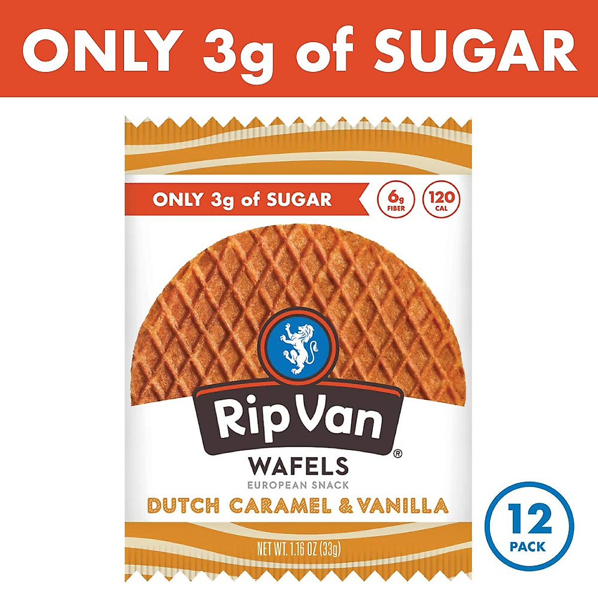 Rip Van WAFELS Dutch Caramel & Vanilla Stroopwafels, Healthy Non GMO, Low Calorie / Sugar Office Snacks, Keto Friendly, (3g), 12 Count (Packaging May Vary)