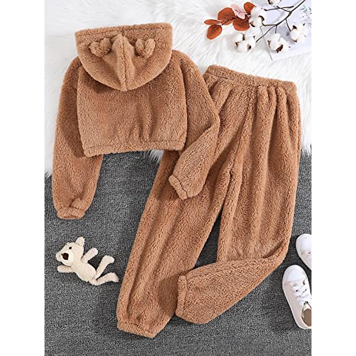 SOLY HUX Girl's Bear Ear Fuzzy Fluffy Drop Shoulder Hoodie Sweatshirt with Sweatpants Two Piece Outfit Pure Brown 10Y