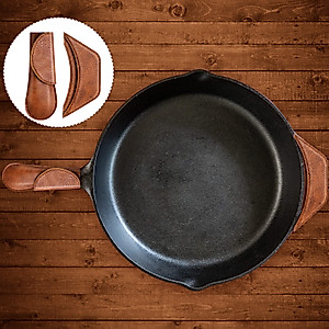 6 Pieces Cast Iron Handle Cover Handmade Thick Skillet Handle Cover Full Grain Frying Pan Handle Sleeve Rustic PU Leather Hot Handle Holder Double Layered Leather Handle Cover Assist Grip for Kitchen