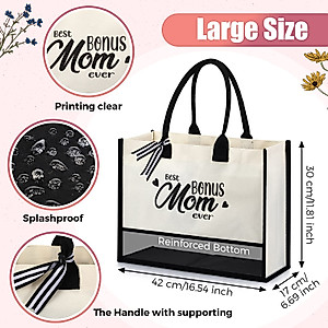 Best Bonus Mom Ever Appreciation Gifts Canvas Tote Bag Women Mother's Day Gift for Stepmom with Zipper Kitchen Reusable Grocery Bags Birthday Thank You Gift from Daughter Son Black and White