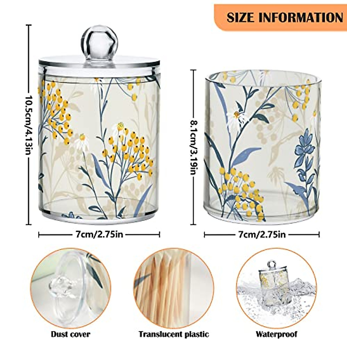 WELLDAY Apothecary Jars Bathroom Storage Organizer with Lid - 14 oz Qtip Holder Storage Canister, Beige Yellow Flowers Clear Plastic Jar for Cotton Swab, Cotton Ball, Floss Picks, Makeup Sponges,Hair