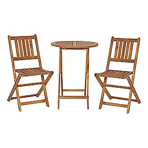 Flash Furniture Martindale 3 Piece Folding Patio Bistro Set - Natural Finish Acacia Wood - Indoor/Outdoor Round Table - 2 Chairs - Slatted Tabletop, Back and Seat