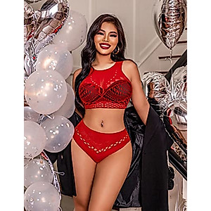 Avidlove Sexy Lingerie Fishnet Lingerie for Women Two Piece Lingerie Red Lingerie Fishnet Outfit Mesh Lingerie