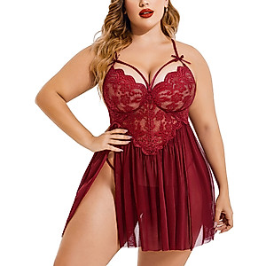 Avidlove Plus Size Lingerie for Women Valentines Day Lace Babydoll Nightgown Sexy Sleepwear Sheer Mesh Nightwear Dark Red