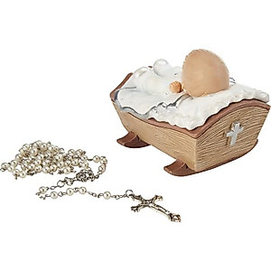 Precious Moments Baby in Cradle Baptism Rosary Box with White Rosary - Boy
