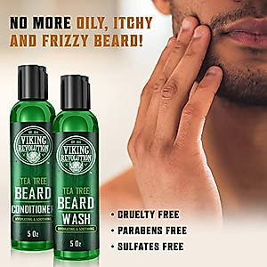 Viking Revolution Tea Tree Oil Beard Wash and Beard Conditioner For Men - Natural Beard Softener Set with Argan Oil, Vitamin E and Ginseng - Tea Tree Beard Shampoo and Conditioner Set (5 Oz)