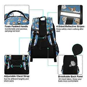 Dogs Backpack for Boys Girls Bookbag with Chest Strap for Students Elementary School Laptop Daypack Rucksack for Teens Travel