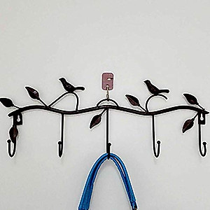 SUODAO Decorative Rustic Tree Branch & Birds Wall Mounted Metal 5 Coat Hook,Hanging Robe Hanger Leaf Coat Wall Decor Holder(Black)