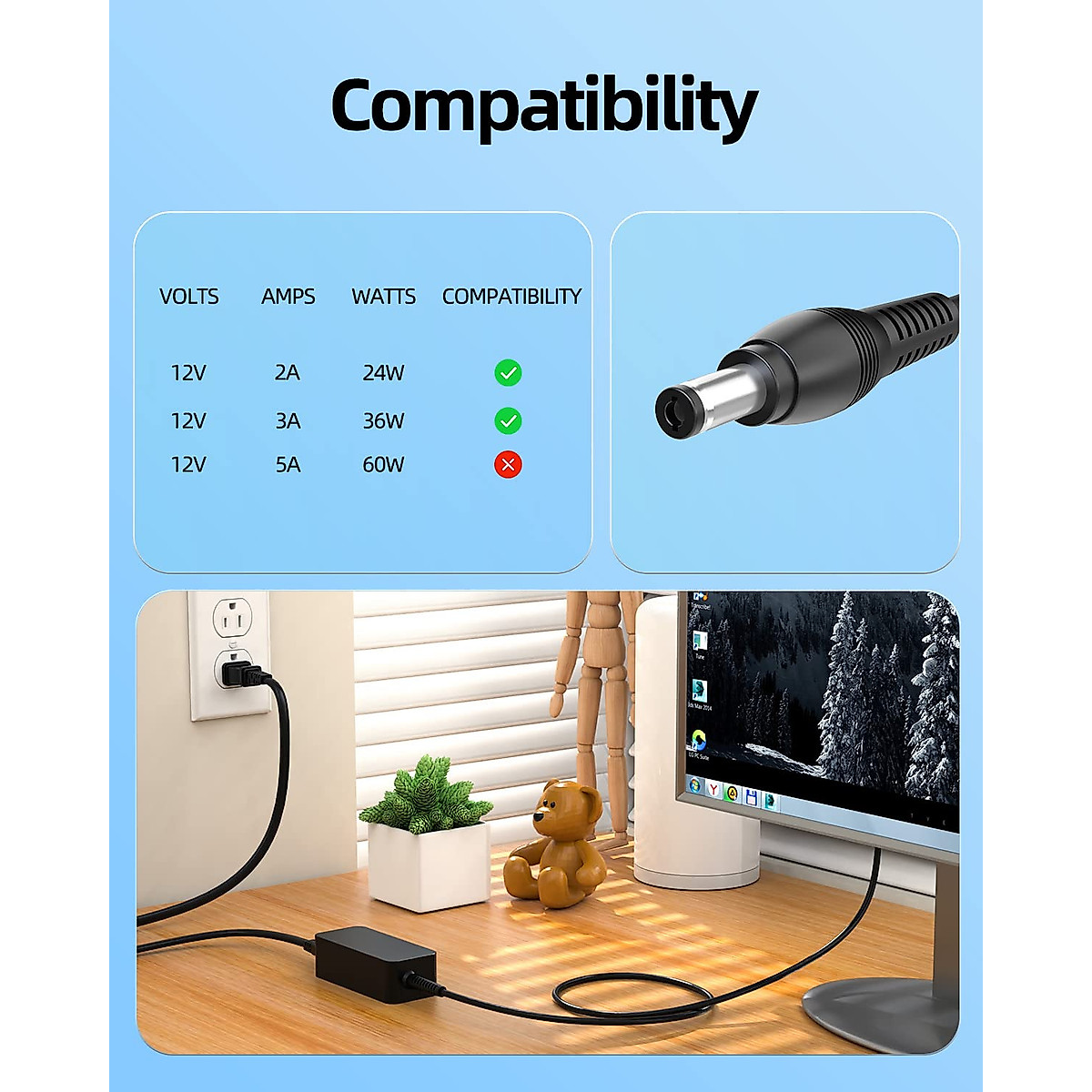 12V AC Charger Fit for Dell 22'' 23'' 24'' Monitor S2440LB S2340M S2440L S2719H S2319NX S2340MC S2419NX S2740L LED-Lit LCD Screen Power Adapter Supply Cord