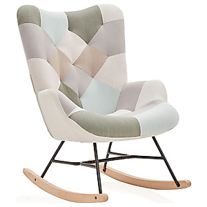 BELLEZE Colorful Patchwork Rocking Chair, Widen Nursery Rocking Chairs Comfy Linen Upholstered Glider Rocker with Solid Wood Legs for Living Room Bedroom Nursery - Paramount (Patchwork A)