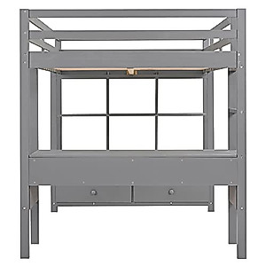 Harper & Bright Designs Full Size Loft Bed with Desk and 2 Drawers, Solid Wood Full Loft Bed with Storage Shelves and Drawers for Girls Boys Teens Adults,No Box Spring Needed,Grey