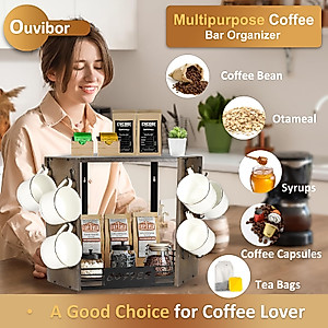 Ouvibor 2 Tier Coffee Bar Organizer for Home Office, Multi-functional Countertop Mug Holder Stand Rack Coffee Bar Storage Accessory with 12 Hooks for Coffee Bar Kitchen
