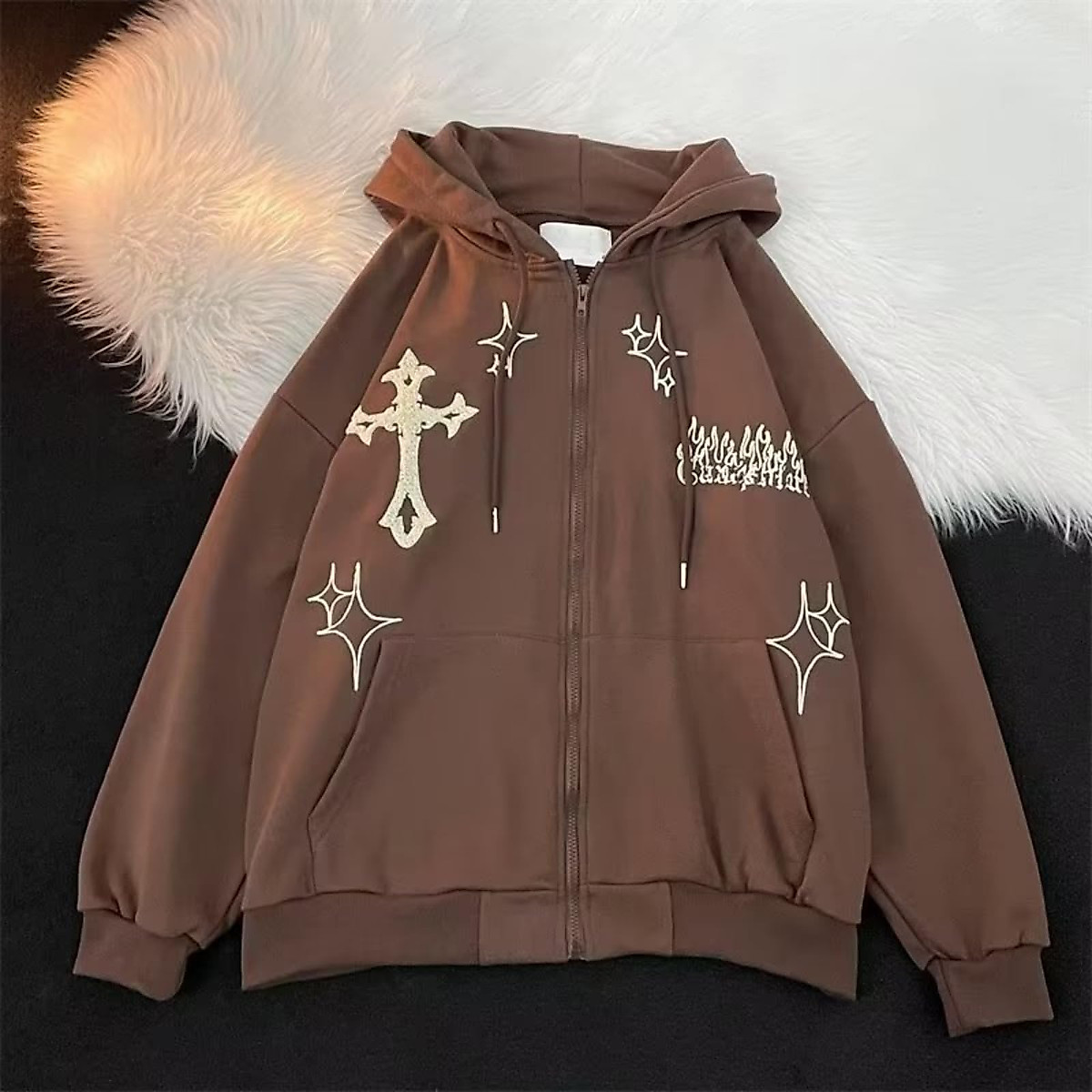 Ponitrack Unisex Zip Up Hoodies Y2k Flame Print Aesthetic Oversized Sweatshirt Vintage Graphic Jackets Streetwear (Brown,L,Large)
