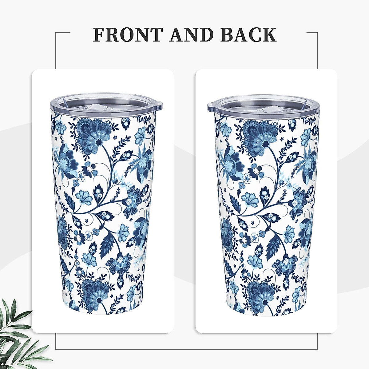 JASROTAO Blue White Porcelain Tumbler,Ceramics 20oz Stainless Steel Insulated Travel Tumbler,Travel Coffee Mug with Lid and Straw Water Bottle Drink Tumbler Cups Gifts for Women Men Lovers