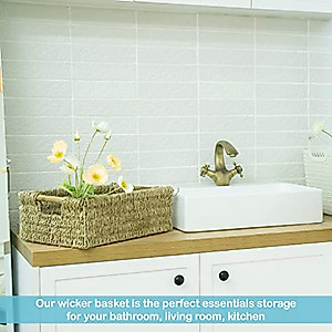 Large Wicker Basket Rectangular with Wooden Handles, Seagrass Basket Storage, Natural Baskets for Organizing, Wicker Baskets for Shelves 15.5 x 10.6 x 5.5 inches