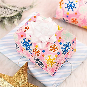 MAYPLUSS Christmas Reversible Wrapping Paper Jumbo Roll - 30 Inches x 100 Feet - Pink Snowflakes and Blue Stripe Design