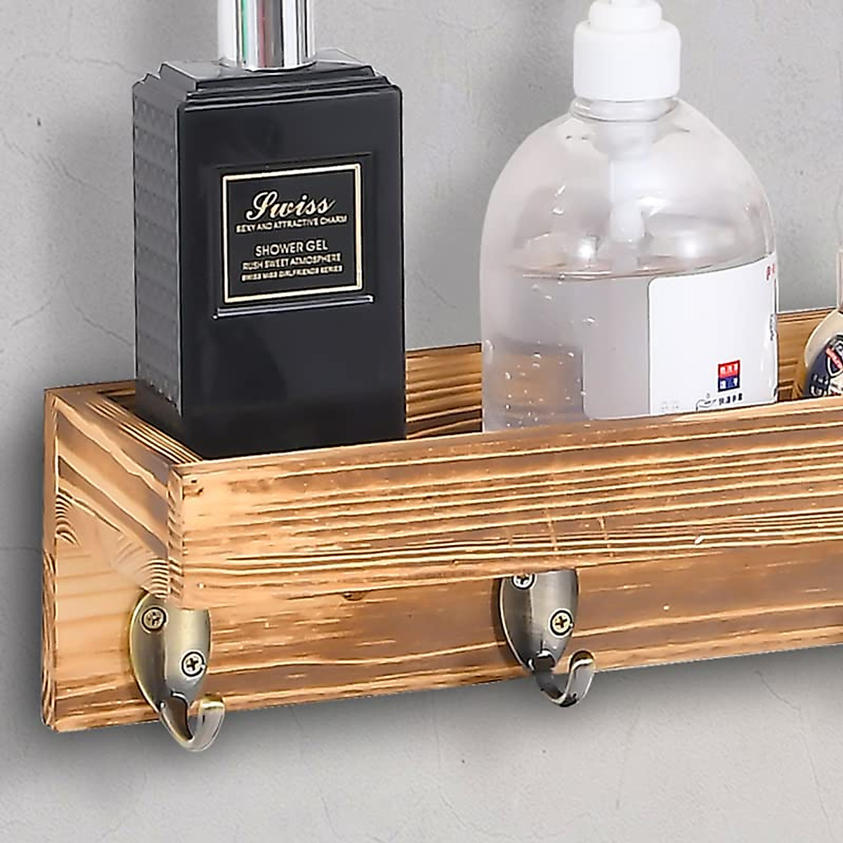 UPTRUST Wall Mount Hair Tool Organizer, Set of 2 Layer Rustic Wooden Dryer Holder Rack, Hair Product Organizer Tray for Hair Dryer with 4 Hooks