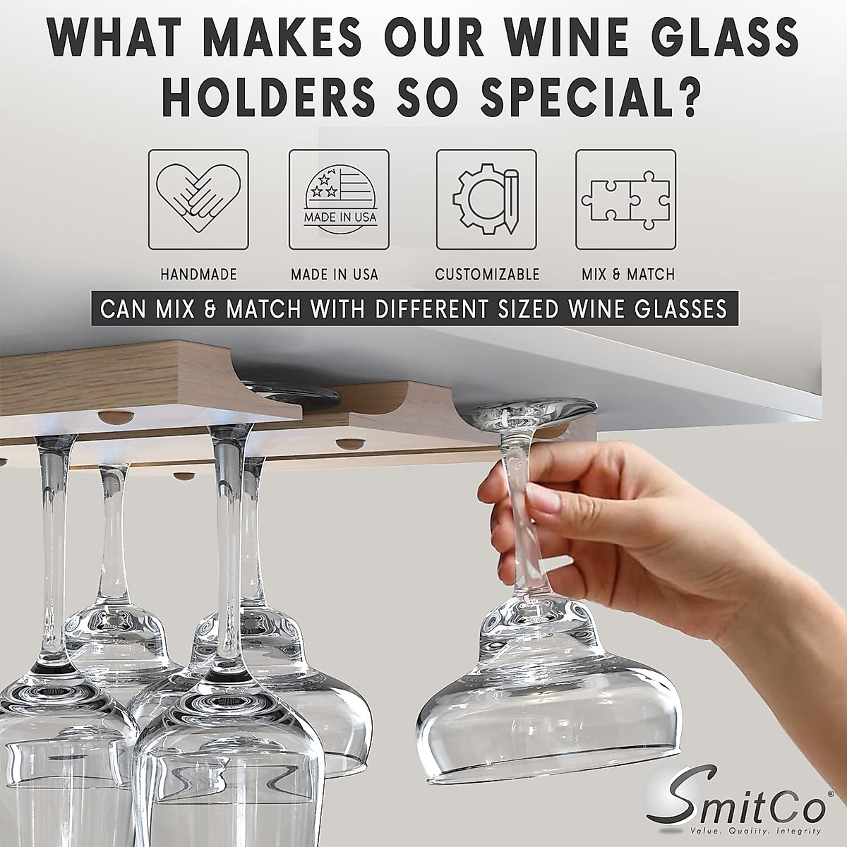 Wooden Wine Glass Holder for Under Cabinet | Under Shelf Kitchen Stemware Rack | Wood Holding Rack for Wine Glasses and Stemware| Stemware and Glassware Hanger and Organizer- Stores Up to 12 Glasses