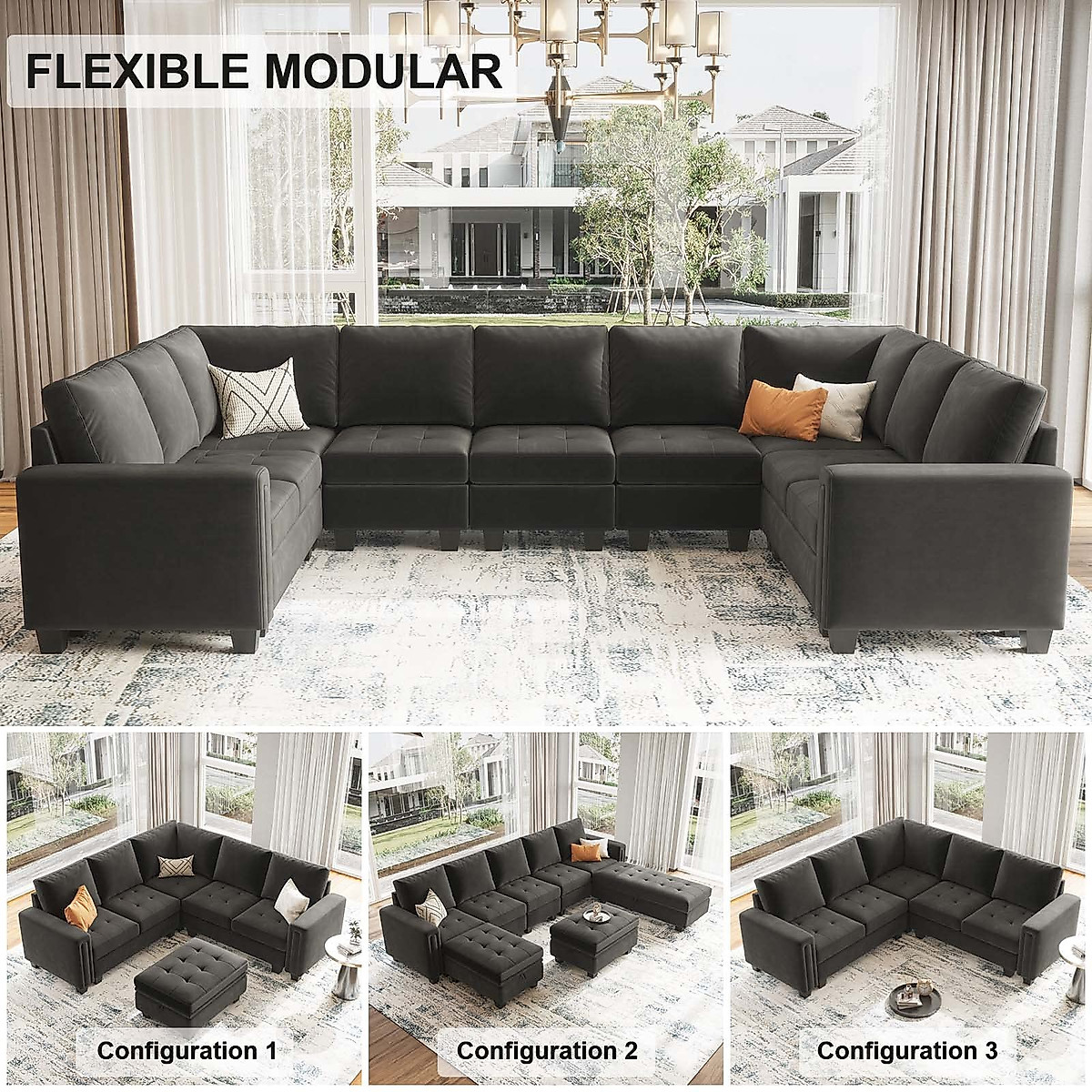 Belffin Oversized Velvet Modular 9 Seater U-shape Sectional Sofa Set with Chaise Convertible sectional Sofa Couch Set Modular Couch Corner U Shaped Sectoional Sofa Grey