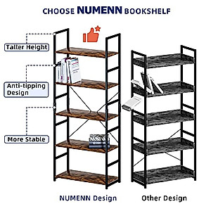 NUMENN 5 Tier Bookshelf, Tall Bookcase Shelf Storage Organizer, Modern Book Shelf for Bedroom, Living Room and Home Office, Vintage