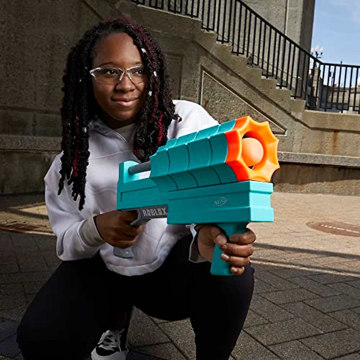 NERF Roblox Sharkbite: Web Launcher Rocker Blaster, Includes Code to Redeem Exclusive Virtual Item, 2 Rockets, Pump Action