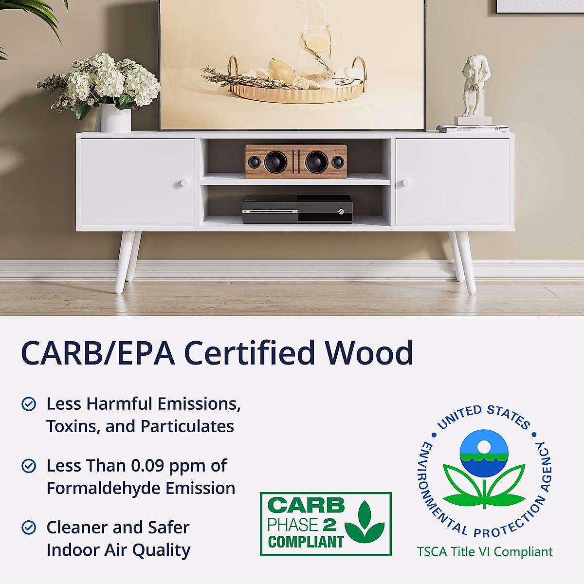 Mid-Century Modern TV Stand for 55/60 inch TV, Entertainment Center with Storage Cabinet and Open Shelves, TV Media Console for Living Room, Bedroom and Office, White