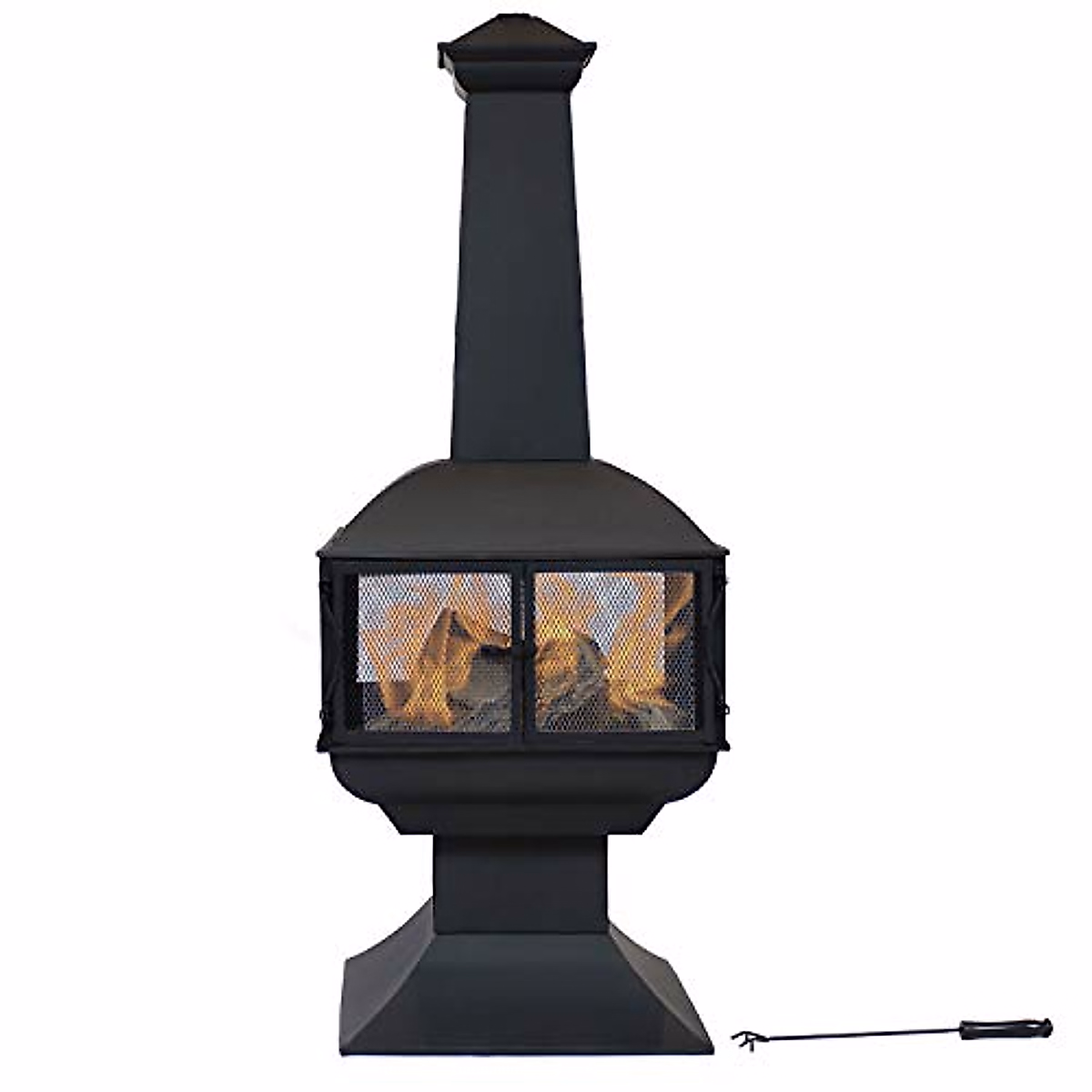 Sunnydaze 57-Inch Black Steel Chiminea with Log Grate, Cover, and Poker - Protective Mesh Screen - 360-Degree Fire View