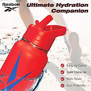 Reebok Stainless Steel Water Bottle With Straw Cap & Athletic Design - Insulated Water Bottles 32 oz - Double Wall Vacuum Insulated Sports Water Bottle With Straw, BPA Free (Red with Blue Vector)