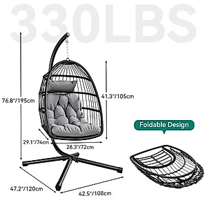 YITAHOME Hanging Egg Swing Chair with Stand Egg Chair Wicker Indoor Outdoor Hammock Egg Chair with Cushions 330lbs for Patio, Bedroom, Garden and Balcony, Dark Gray(Stand Included)