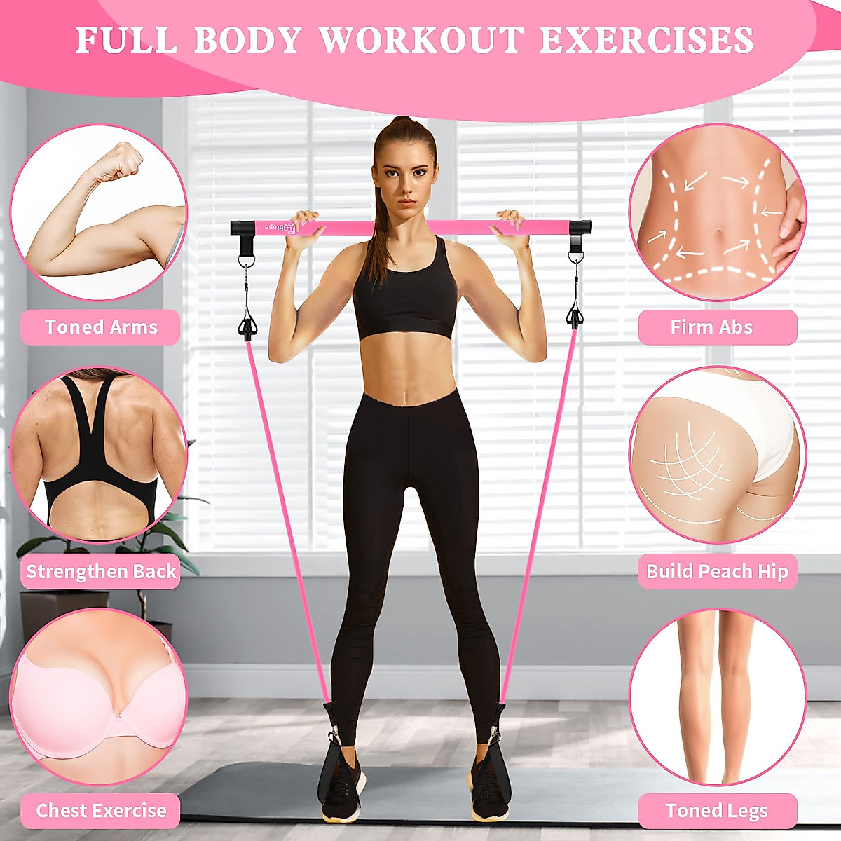 Bbtops Pilates Bar Kit with Resistance Bands(4 x Bands),3-Section Pilates Bar with Stackable Bands Workout Equipment for Legs,Hip,Waist and Arm (Pink30lbs,40lbs)