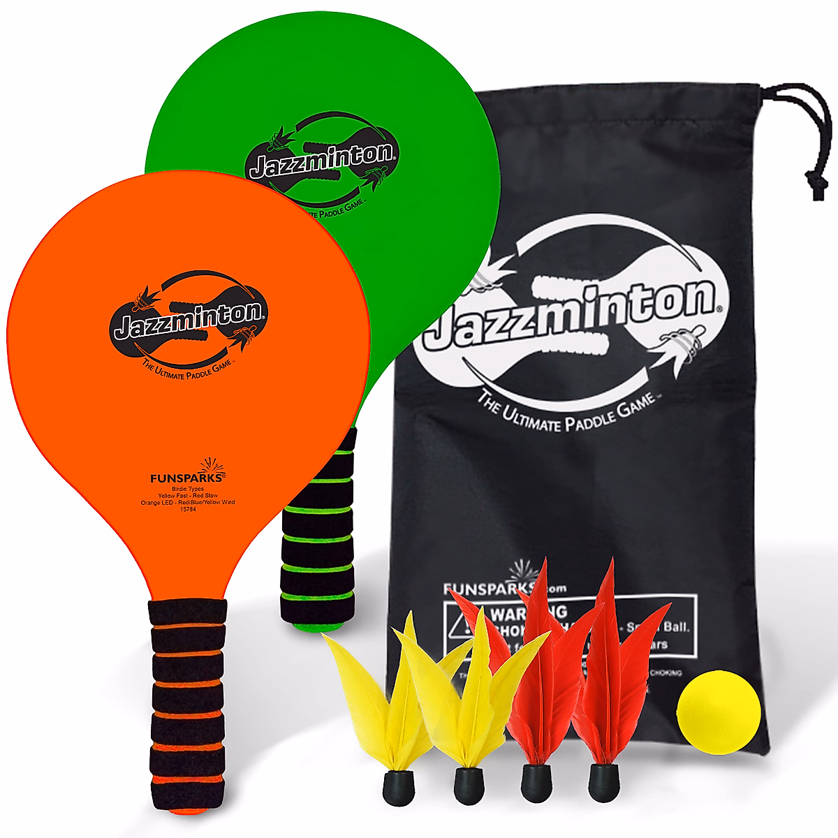 Funsparks Jazzminton Paddle Ball Game with Carry Bag - Indoor Outdoor Toy - Play at The Beach, Lawn or Backyard - 2 Wooden Racquets - 4 Shuttlecocks - 1 Ball