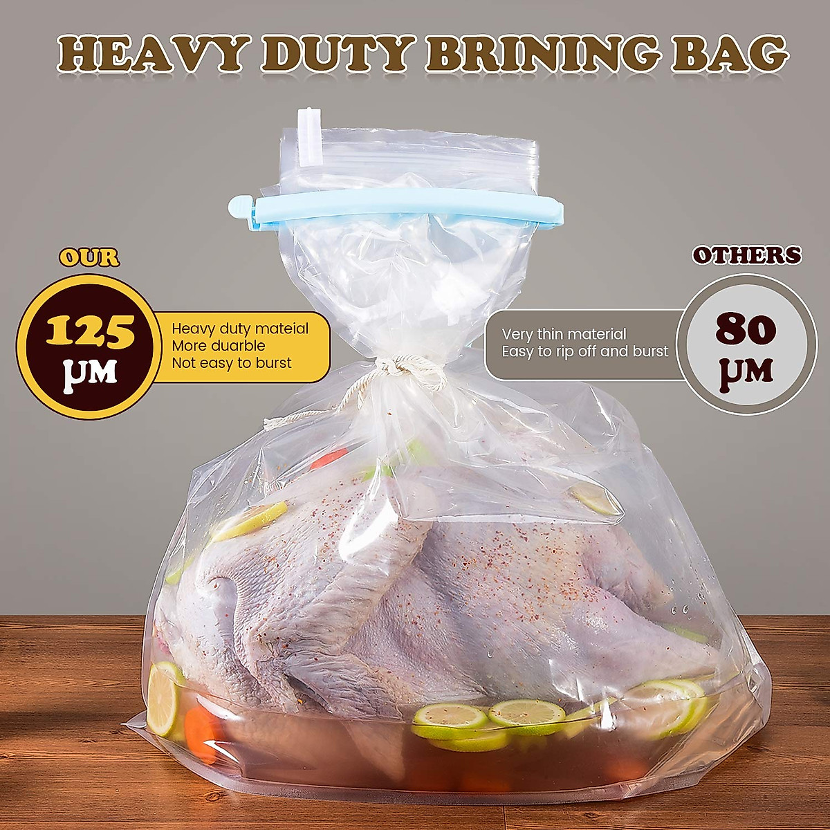 Brining Bag, 26"×22", 2 Pack, Extra Large Turkey Brine Bag with 2 Strings and 2 Larger Clips, Thickened materials, Double Track Zippers Brine Bags, Brining Bags for Turkey, Ham, Beef, Marinade