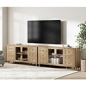 WAMPAT 116'' Farmhouse TV Stand for TVs Up to 110 inch,Glass and Wood Universal TV Stand with Storage Cabinets,White Entertainment Center for 32-110 inch TV Console Table,Oak