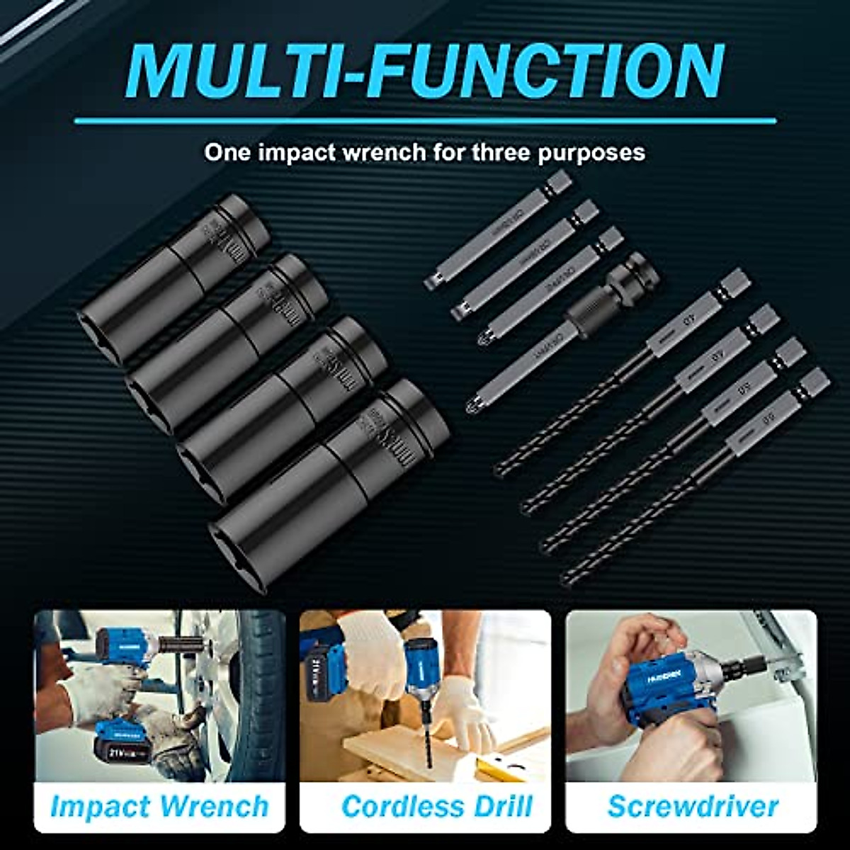 Huoeren Electric Cordless Impact Wrench 1/2 Inch,480Ft-lbs(650N.m) High Torque Battery Impact Wrench,21V Brushless Impact Gun Set with 2x4.0Ah Battery,4 Sockets,4 Drills and 4 Screws for Car & Home