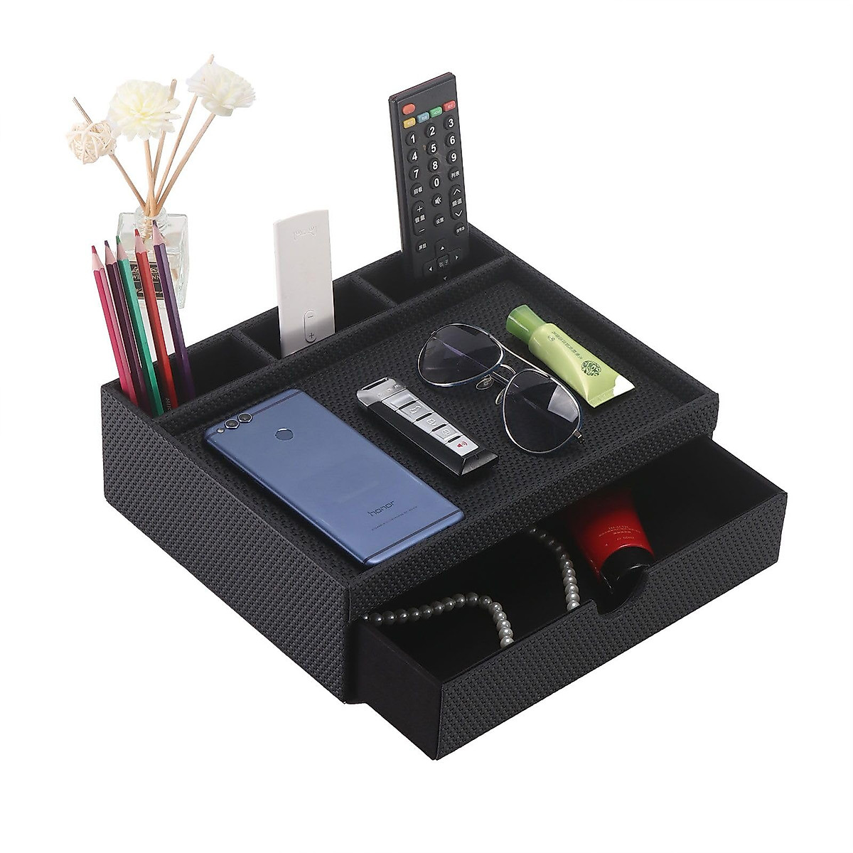 SYRWDXTX Leather Desk Organizer With Drawers, Home Cosmetics Organizer, Phone Remote Organizer, Drawer Plus Divider & Tray (black)