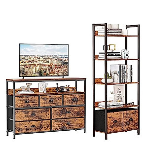 Furologee Dresser TV Stand and 5-Tier Tall Bookshelf Set Console Sofa Table with 7 Drawers and 2-Tier Open Shelves Entertainment Center for 45" TV Storage Fabric Drawer Unit Wood and Metal Bookcase fo