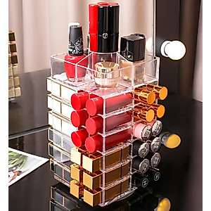 Sooyee Lipstick Organizer,53 Spaces 360 Degree Spinning Lipstick Holder,Acrylic Cosmetic Display Cases for Lipstick, Brushes, Bottles, and more,Clear