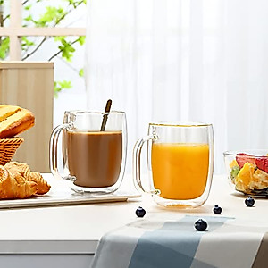 2-Pack 16 Oz Double Walled Glass Coffee Mugs with Handle Spoon,Insulated Layer Coffee Cups,Clear Borosilicate Glass Mugs,Perfect for Cappuccino,Tea,Latte,Espresso,Hot Beverage,Wine