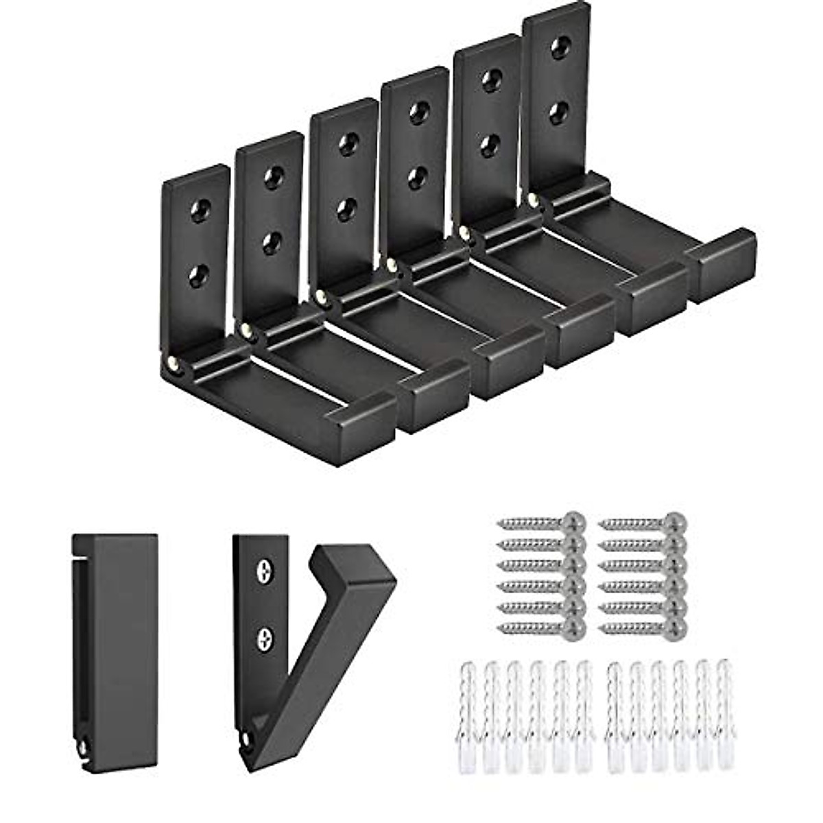 Folding Coat Hooks, Aluminum Alloy Folding Coat Hooks with Screws, 6 PCS Wall Coat Hook is Suitable for Hat, Clothes, Fitness Equipment (Black)